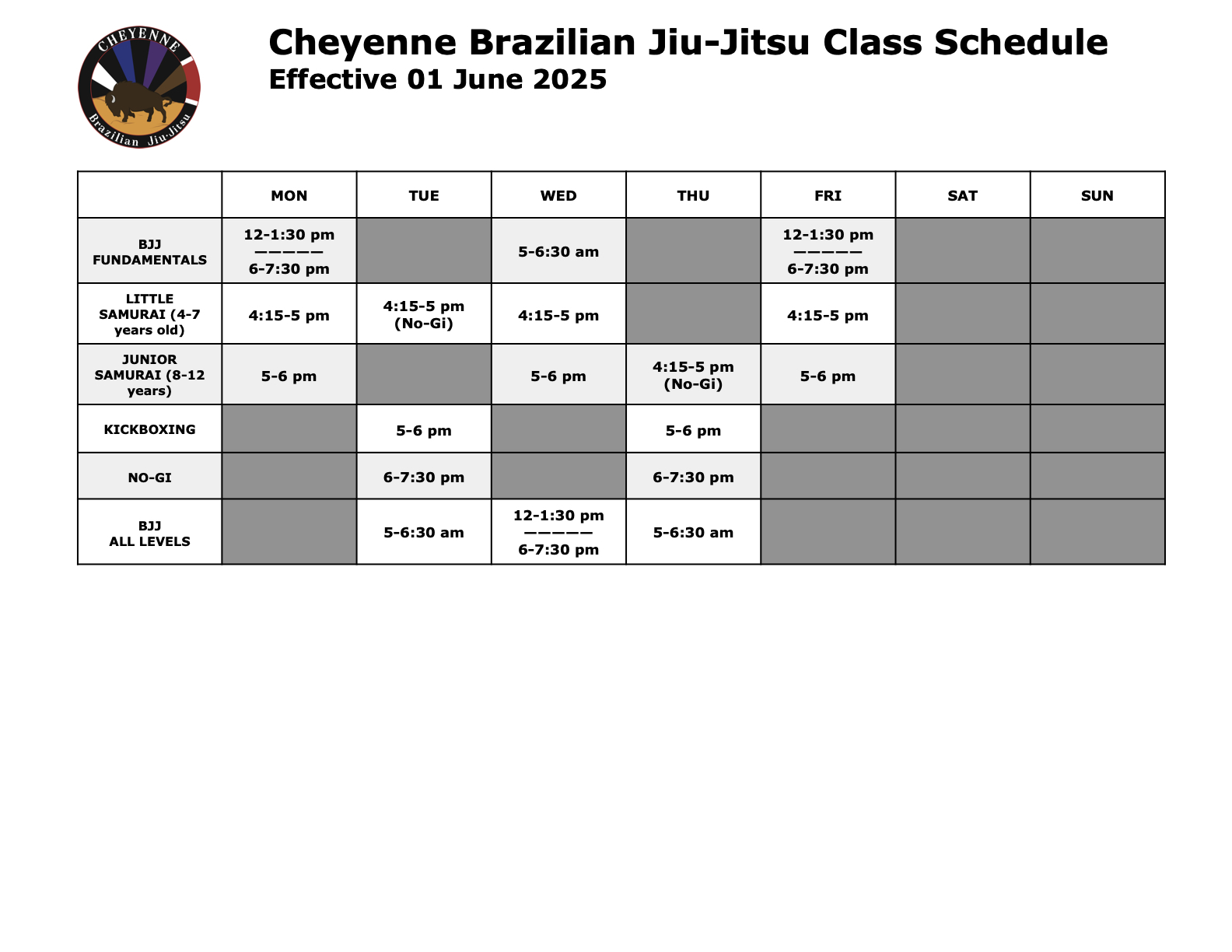 June 2025 schedule | Cheyenne Brazilian Jiu-Jitsu